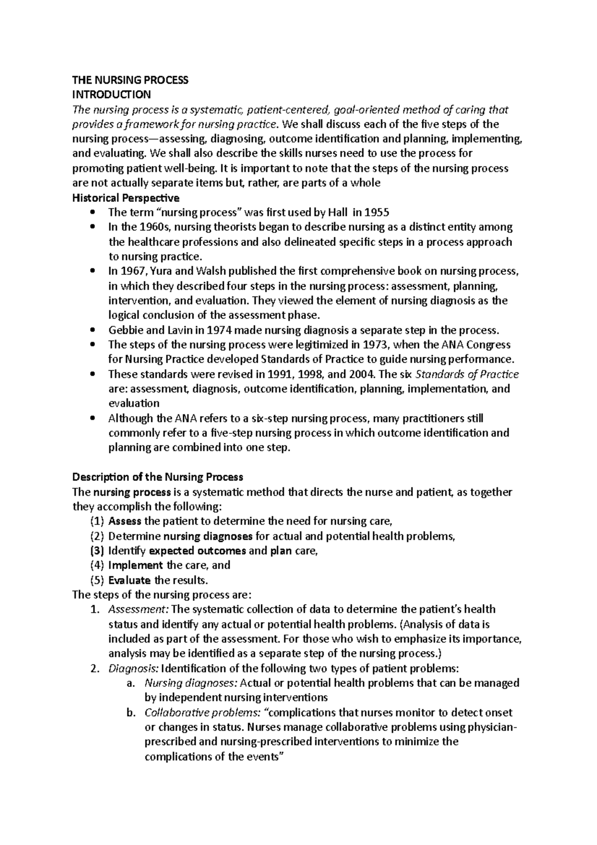 1 Nursing Process including assessment, diagnosis, planning and ...