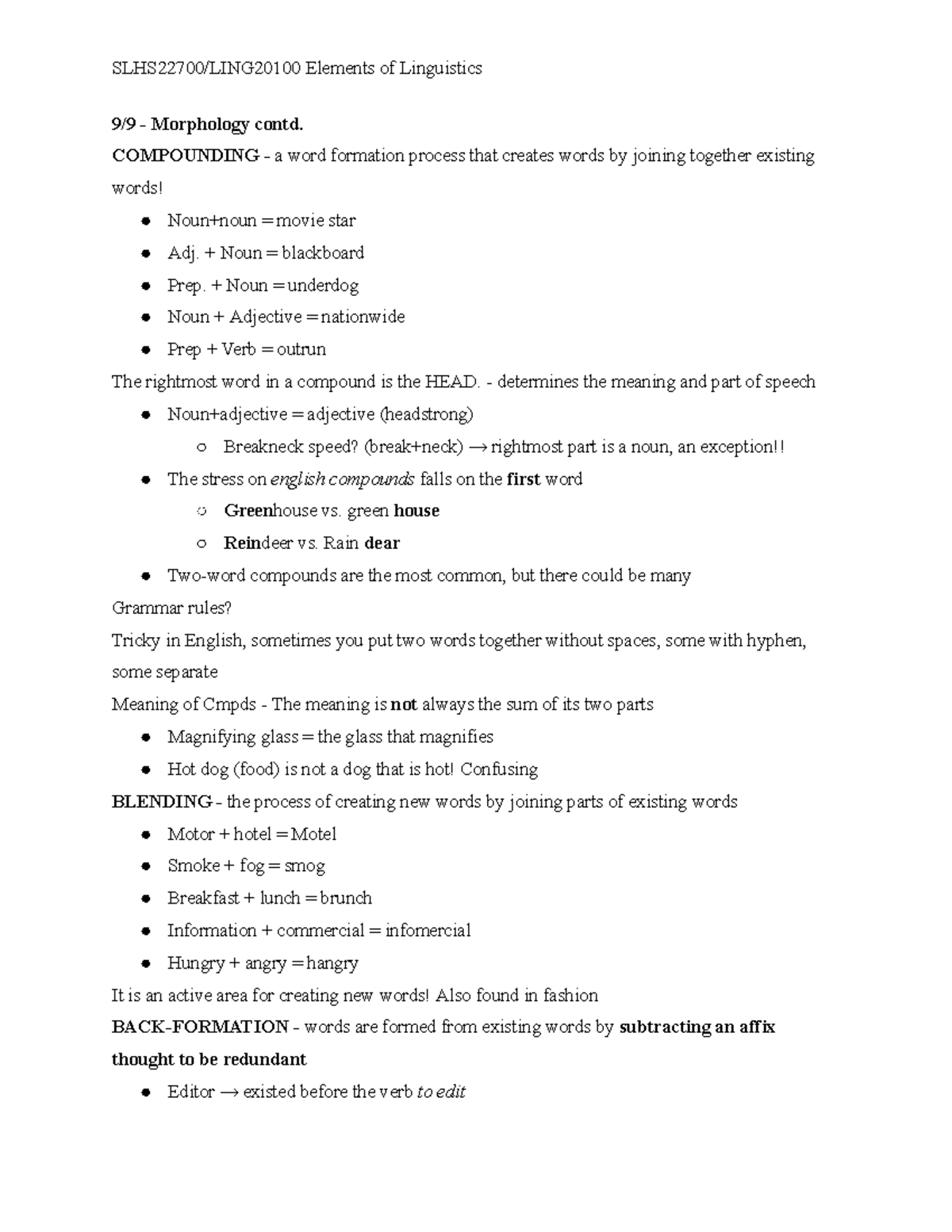 SLHS 227 - Morphology contd. - 9/9 - Morphology contd. COMPOUNDING - a ...
