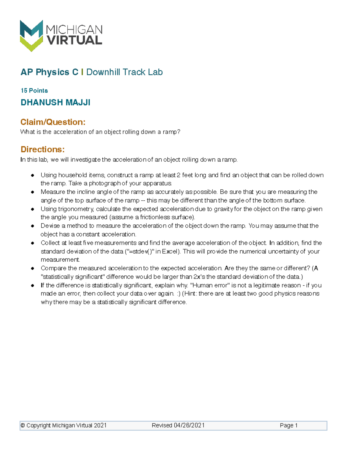 AP Physics C Lab: Acceleration of Rolling Objects on Ramp - Studocu