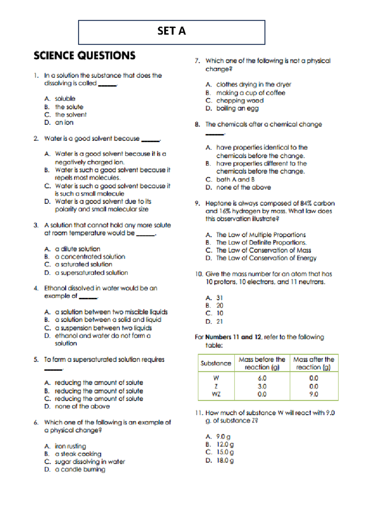SET A SCIENCE QUESTIONS: Understanding Physical and Chemical Changes ...