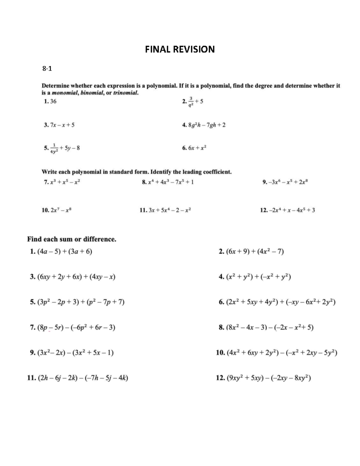 Final Revision - Algebra 1 Polynomial Expressions & Equations - Studocu