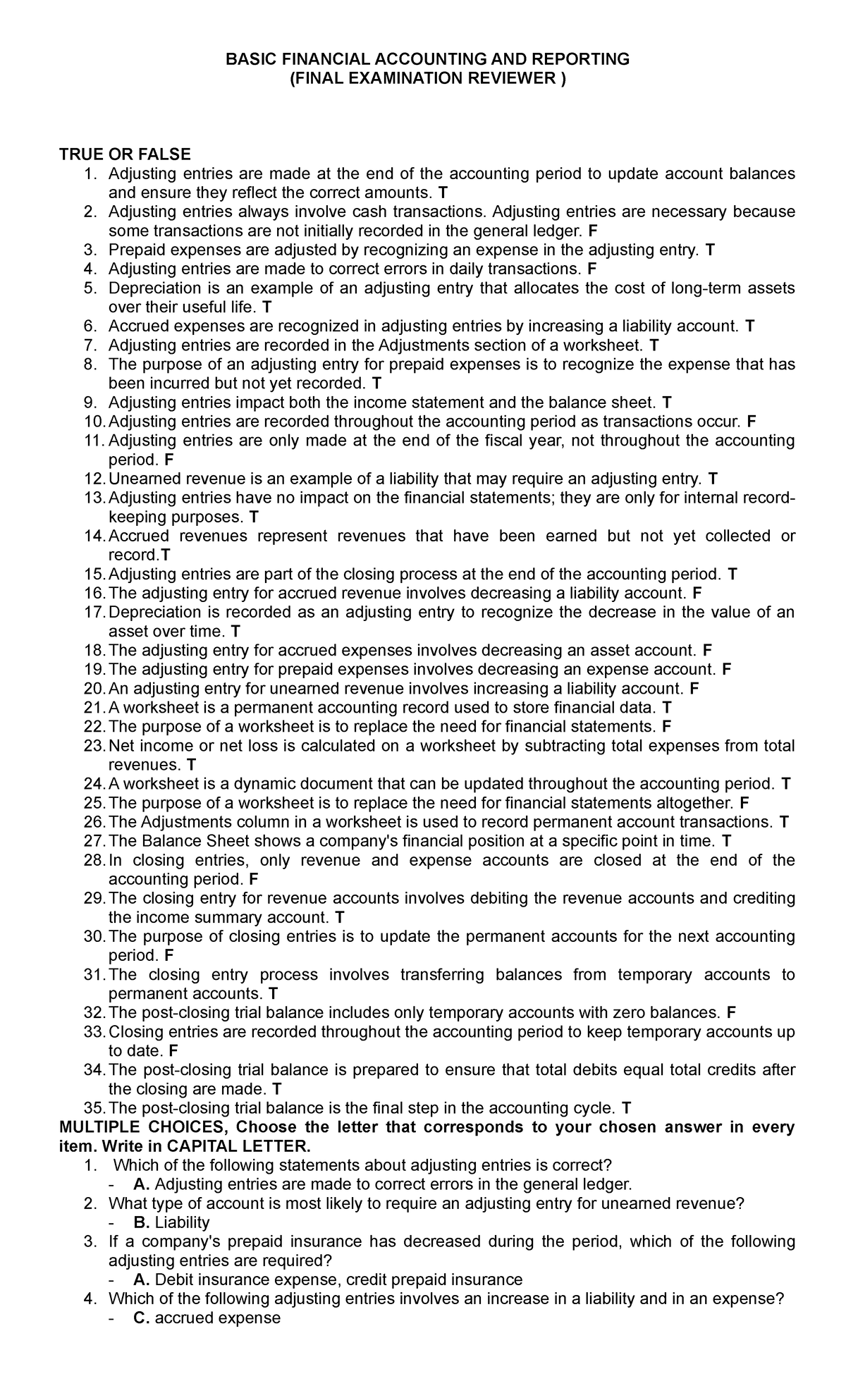 BFAR Final Exam Reviewer: True/False & Multiple Choice Questions - Studocu