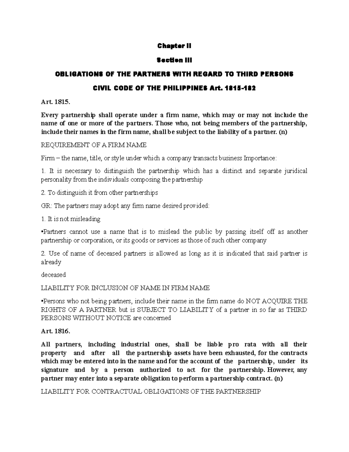 Chapter II Law Sec 3: Obligations of Partners to Third Persons in Civil ...