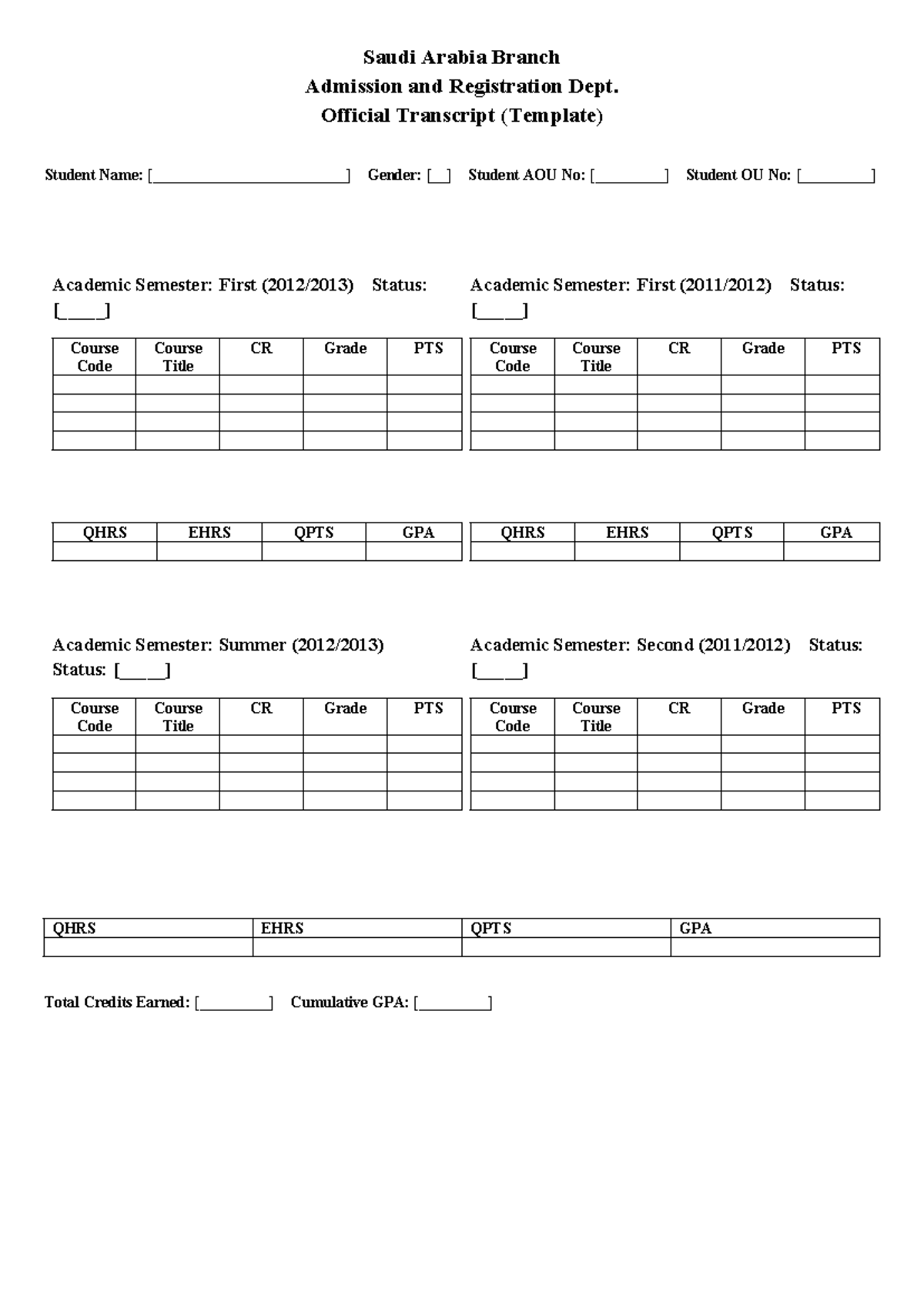 Transcript Blank Template A4 Single Page - Saudi Arabia Branch ...