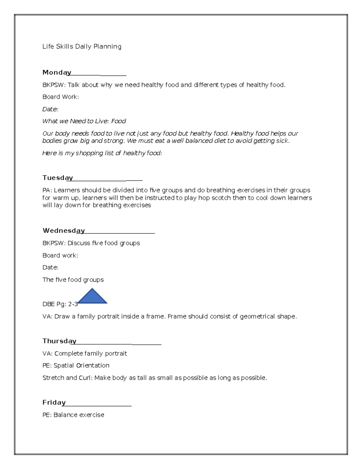 Life Skills Week 2 Daily planning - Life Skills Daily Planning Monday ...
