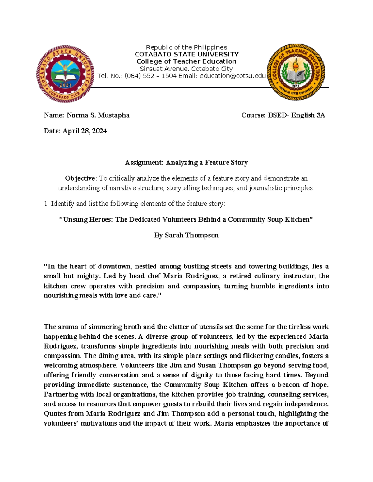 Feature Writing - Republic of the Philippines COTABATO STATE UNIVERSITY ...