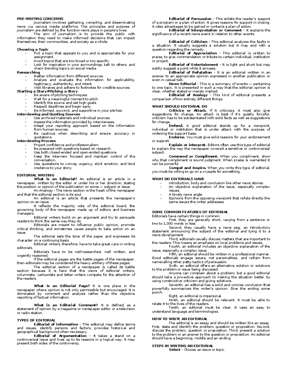 Campus Journalism I - Pre-Writing and Editorial Writing Guide - Studocu