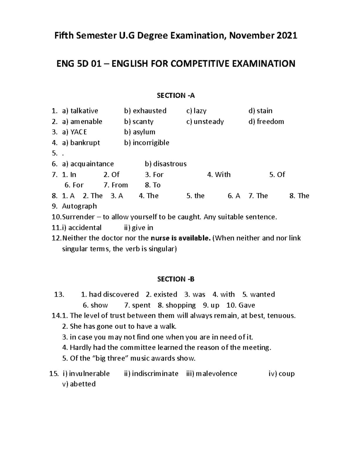 English for Competitive Exams key - Fifth Semester U Degree Examination ...