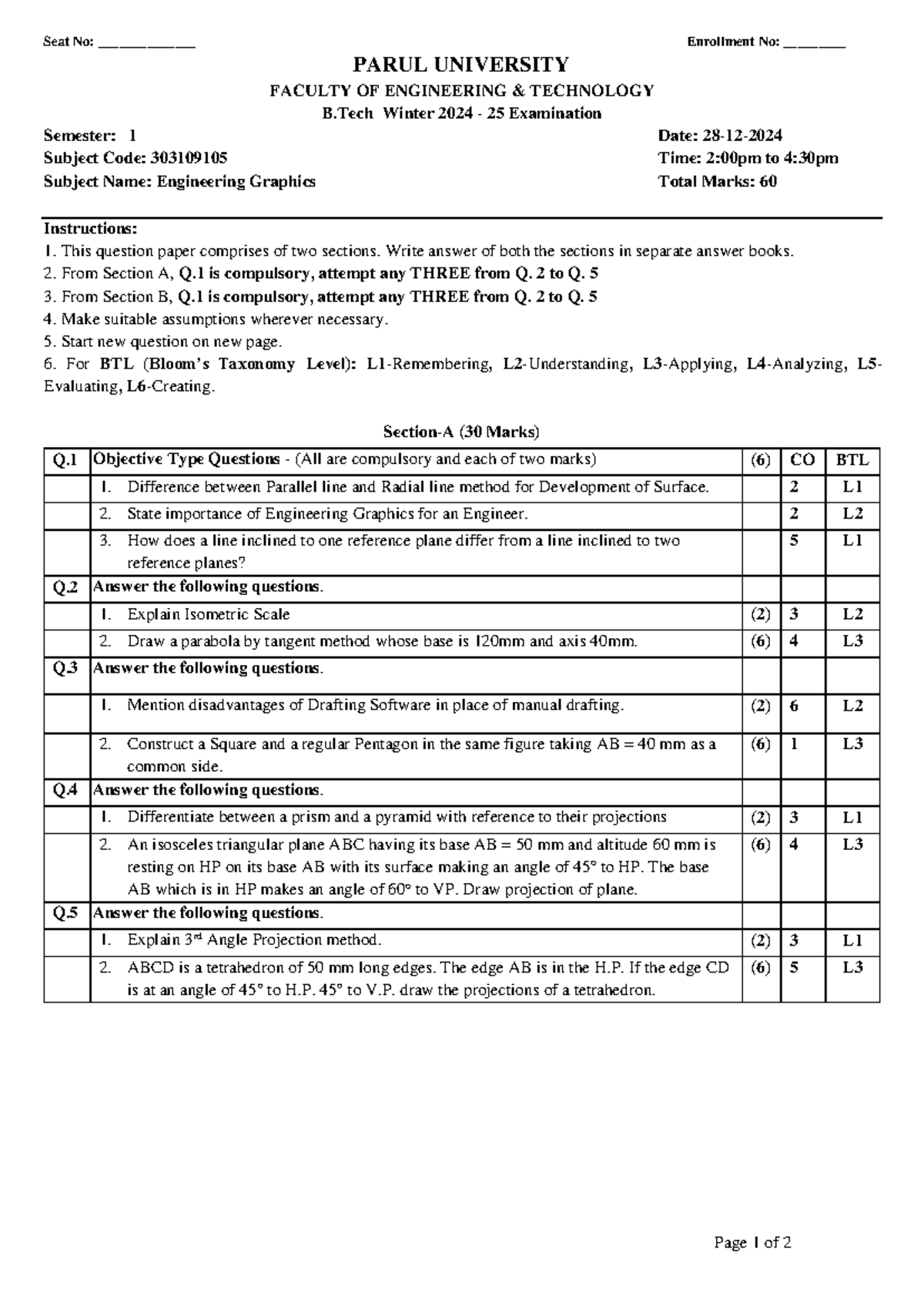 B.Tech 303109105 Engineering Graphics Winter 2024 Exam Paper - Studocu