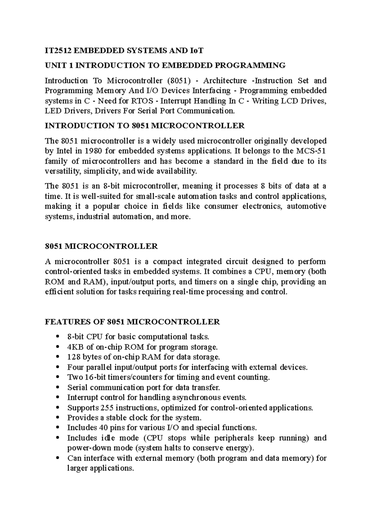 IT2512 Embedded Systems and IoT Unit 1: Introduction to 8051 Microcontroller - Studocu