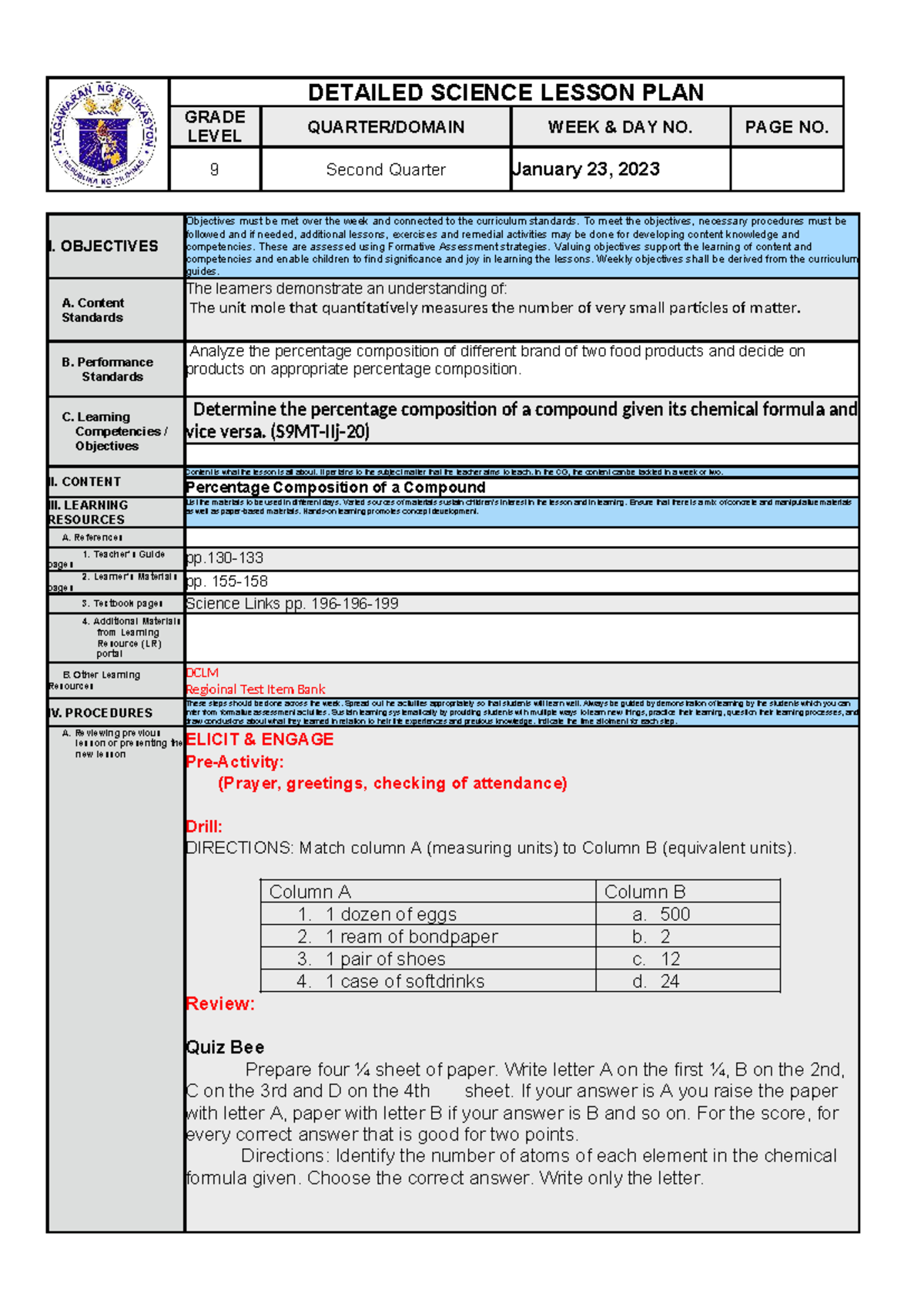 Percentage Composition Lesson Plan - COT LP Grade 9 - Studocu