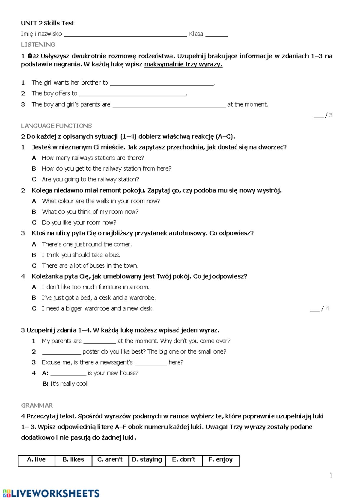 Repetytorium klasa 7 - Test 1 Skills i Grammar - Studocu
