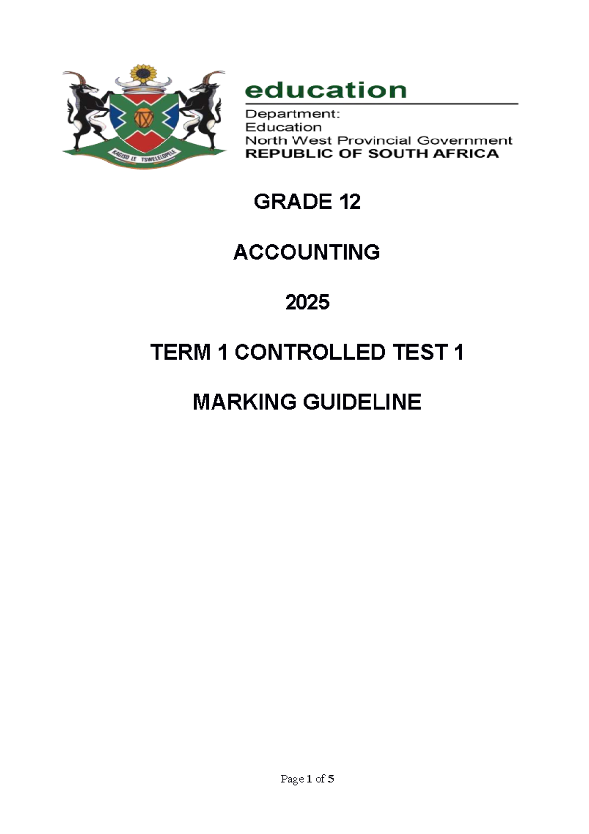 Grade 12 Acc 2025 Term 1 Controlled Test 1 Marking Guidelines - Studocu