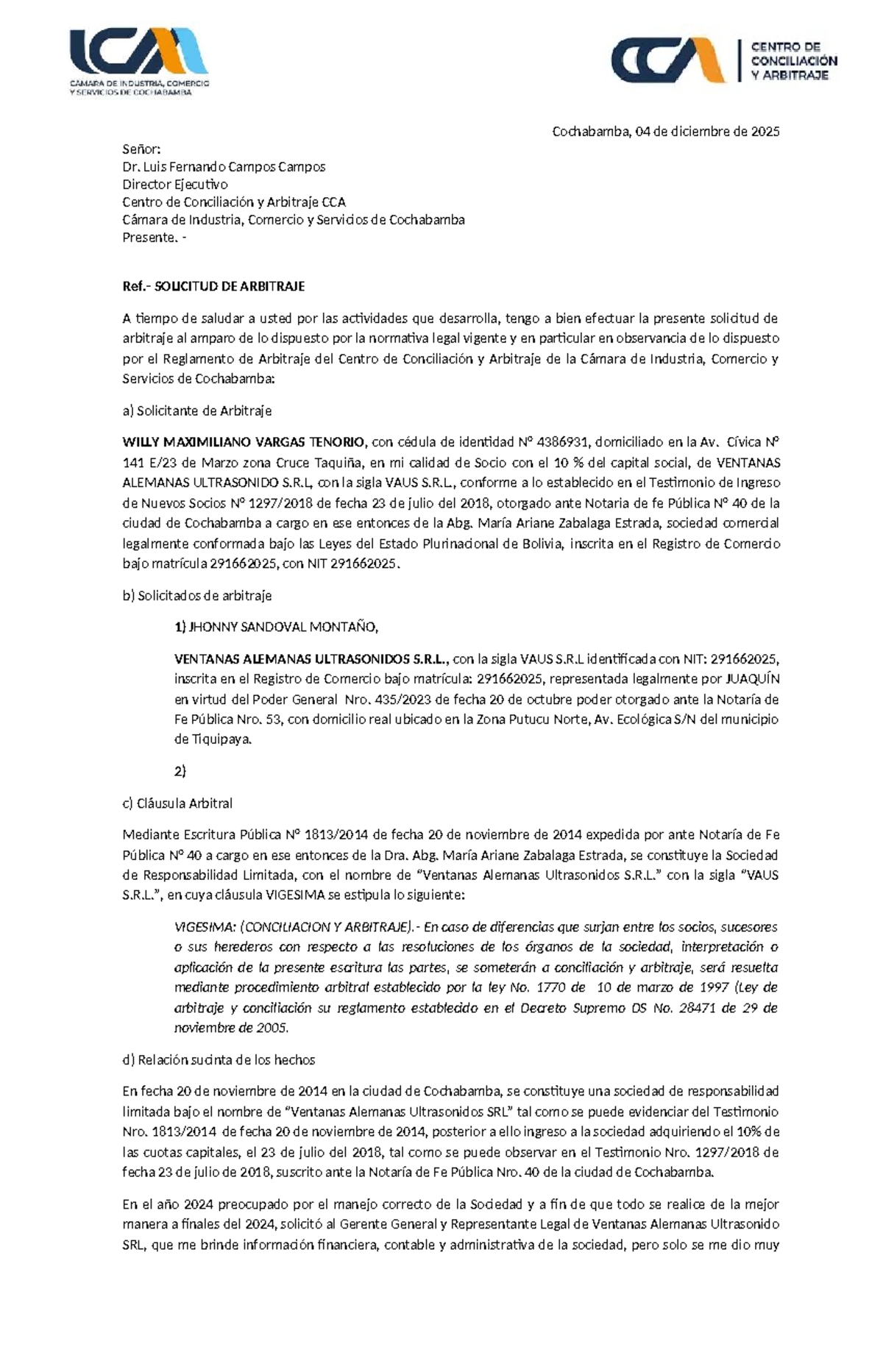 Modelo de Solicitud de Arbitraje - VAUS S.R.L. - Studocu