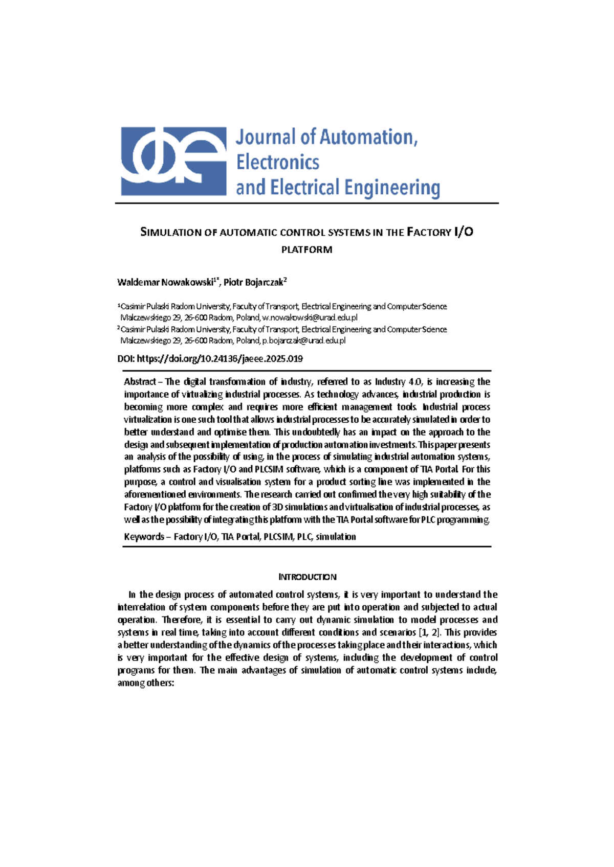 Simulation of Automatic Control Systems in Factory Platform (ENG-101 ...