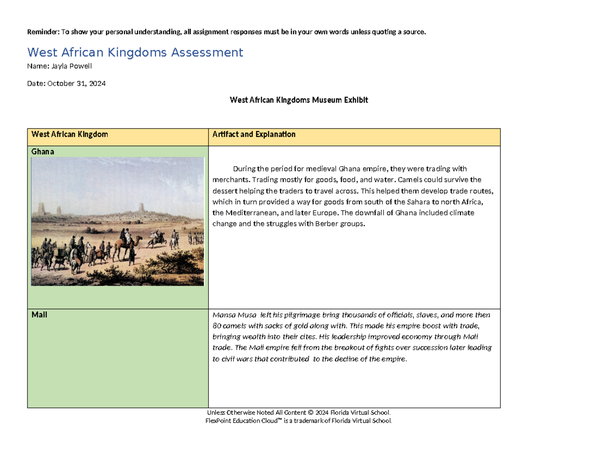 West african kingdoms - Reminder: To show your personal understanding ...