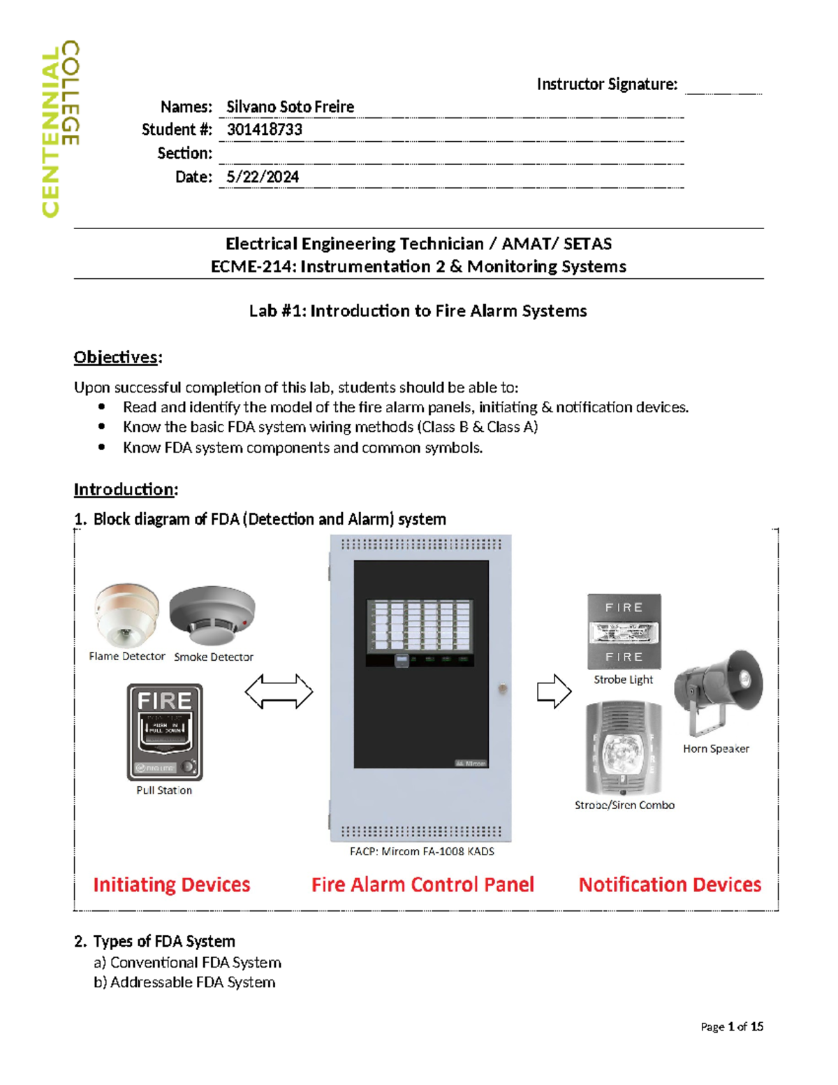 ECME-214 Lab 1 - Fire Alarm Systems Introduction - Instructor Signature ...