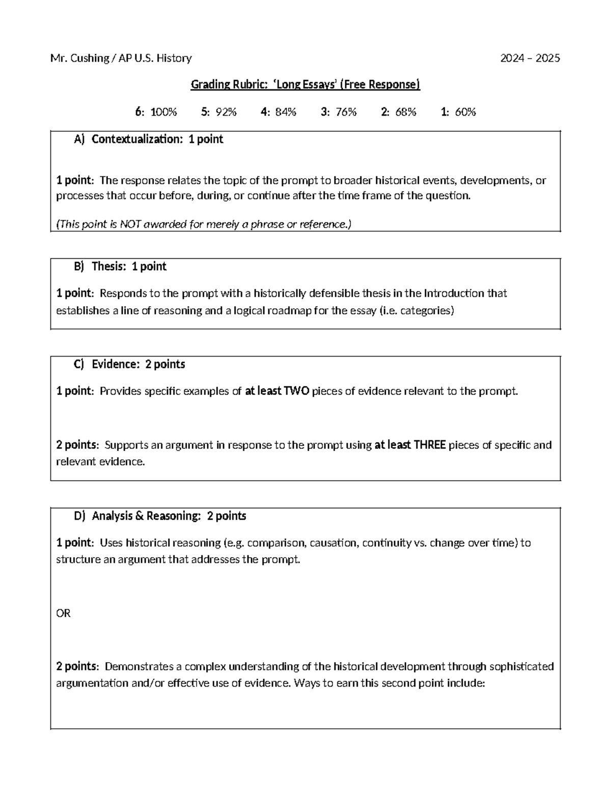 Copy of (AP) Long Essay (Free Response) Rubric - Mr. Cushing / AP U ...