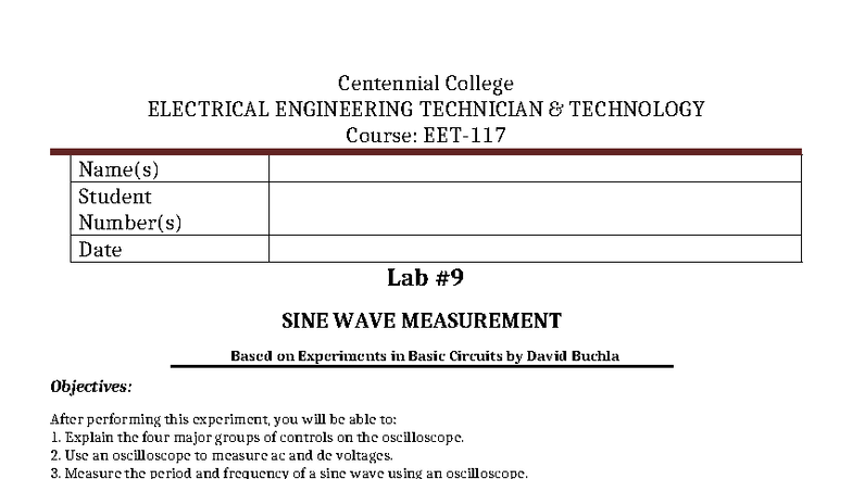 EET-117 Lab 9: Sine Wave Measurements and Oscilloscope Use 23W - Studocu