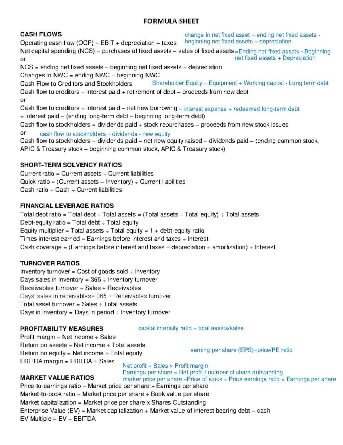 Finance 101: Essential Formula Sheet for Cash Flows & Ratios - Studocu