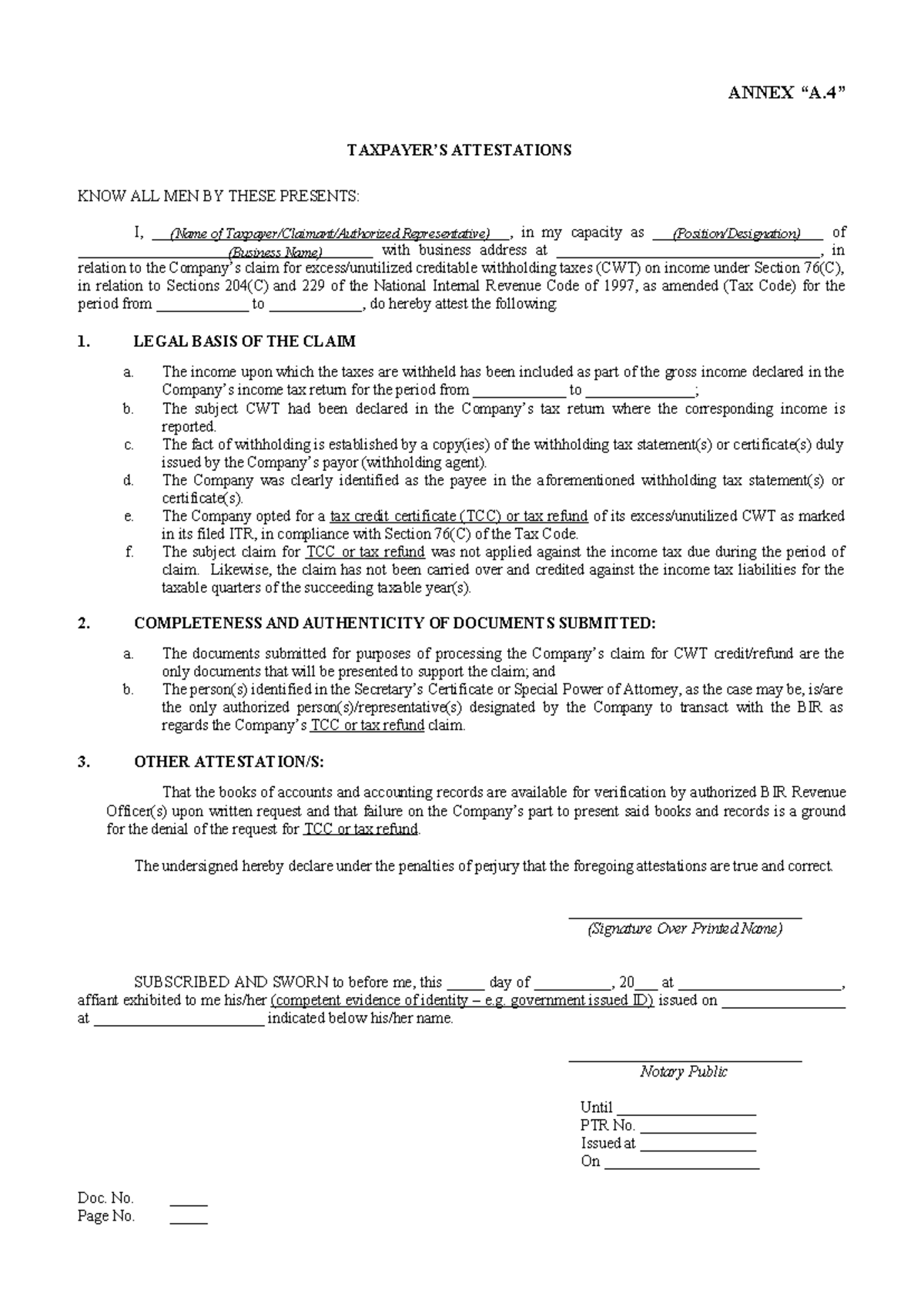 RMO 25 - Annex A.4 Taxpayer's Attestation for CWT Claims - Studocu
