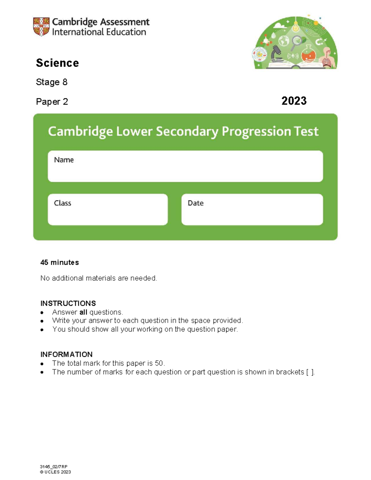 Science Stage 8 Paper 2 Exam 2023 - 45 Minutes - Studocu