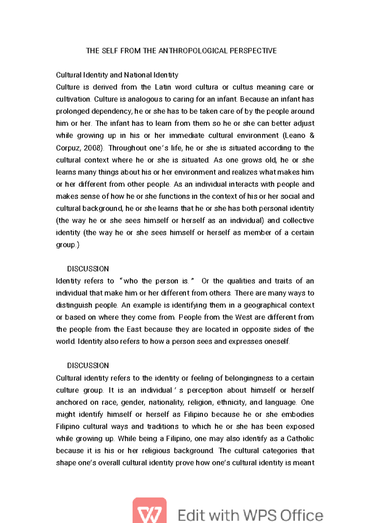 Anthropological Perspective - THE SELF FROM THE ANTHROPOLOGICAL PERSPECTIVE Cultural Identity ...