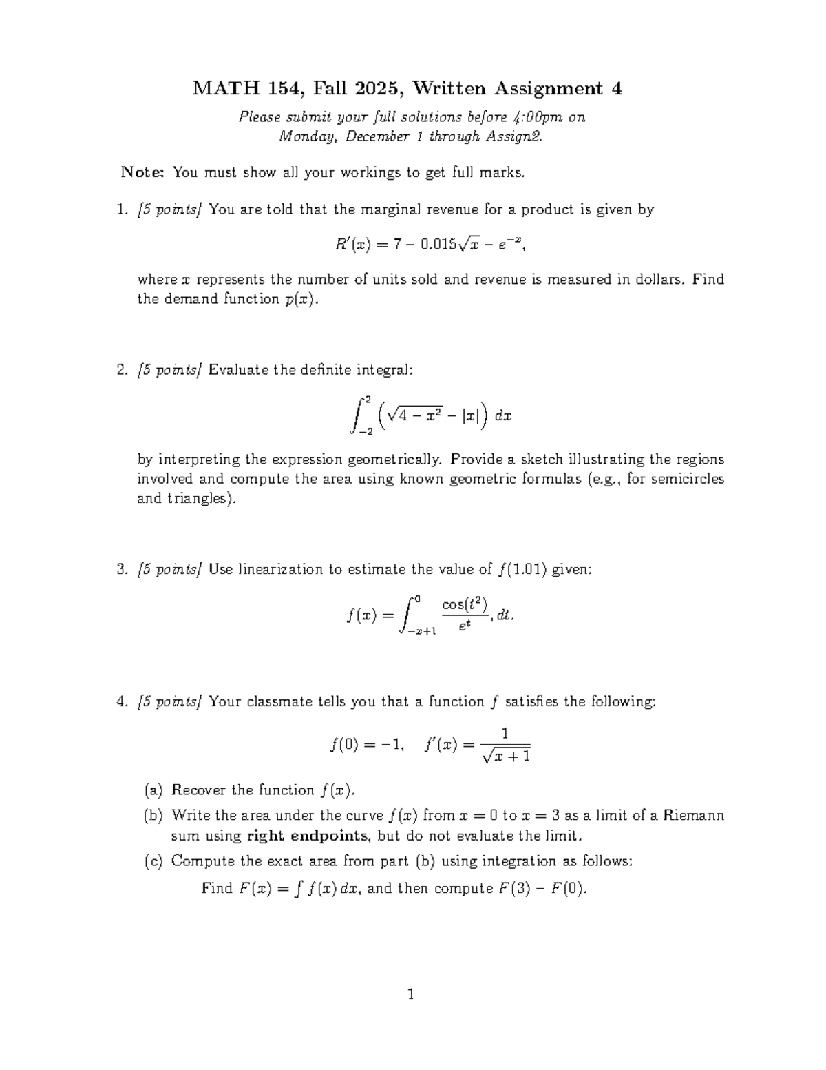MATH 154 Fall 2025 Written Assignment 4 Solutions Guide - Studocu