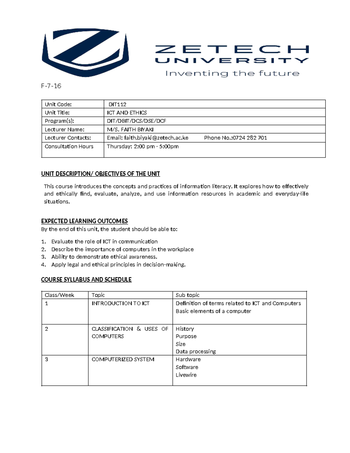 DIT112 ICT and Ethics Course Outline and Notes - Studocu