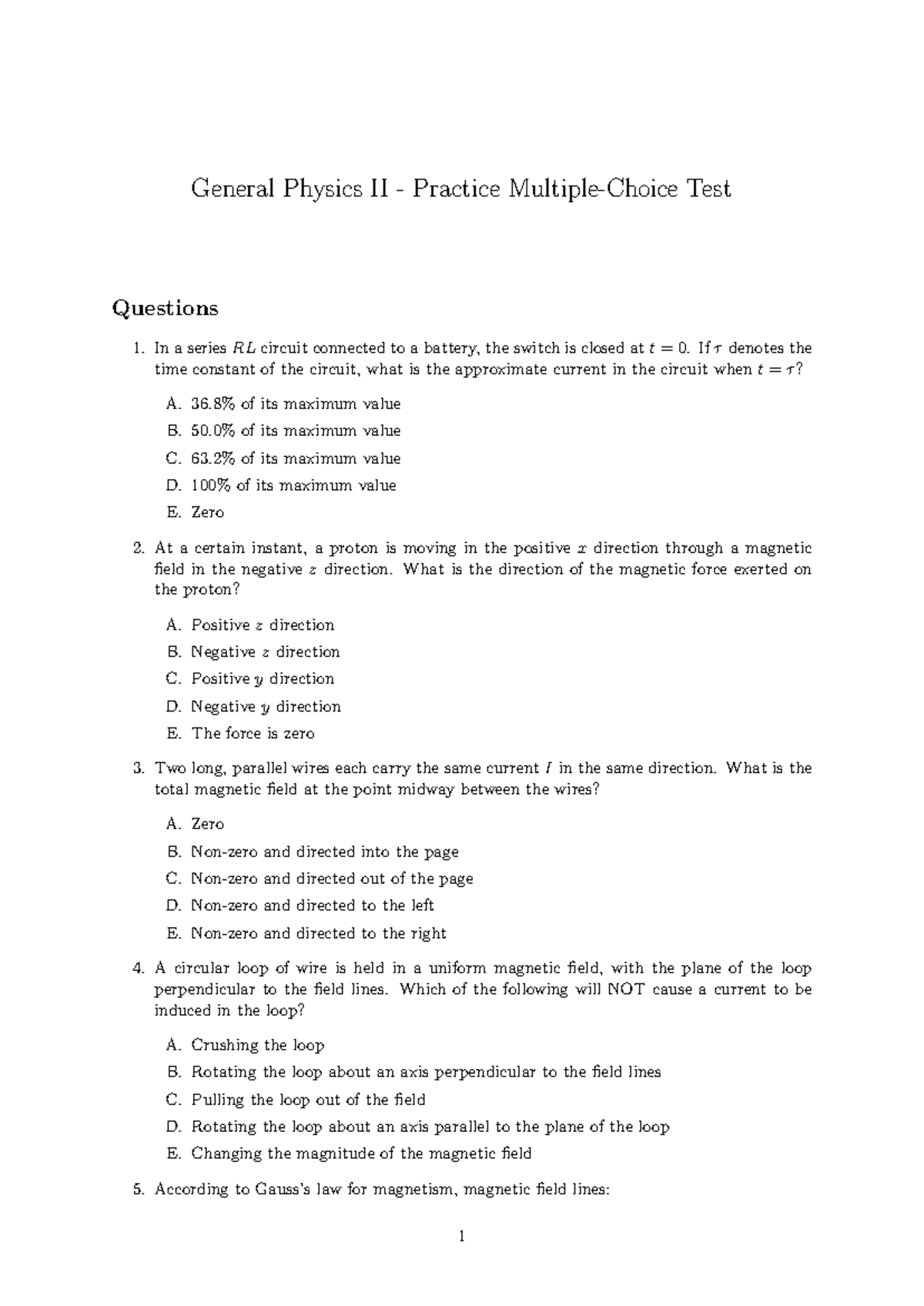 Physics II Practice Test Questions Set 4 - Studocu
