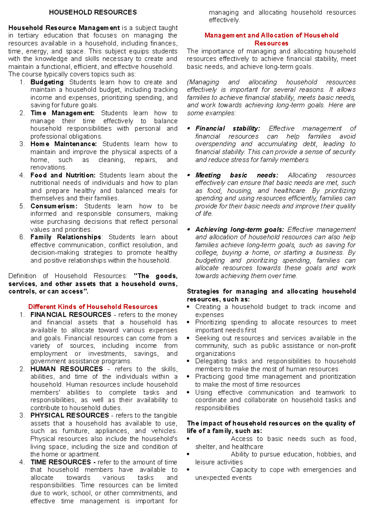 Chapter 1 Household Resources - HOUSEHOLD RESOURCES Household Resource ...