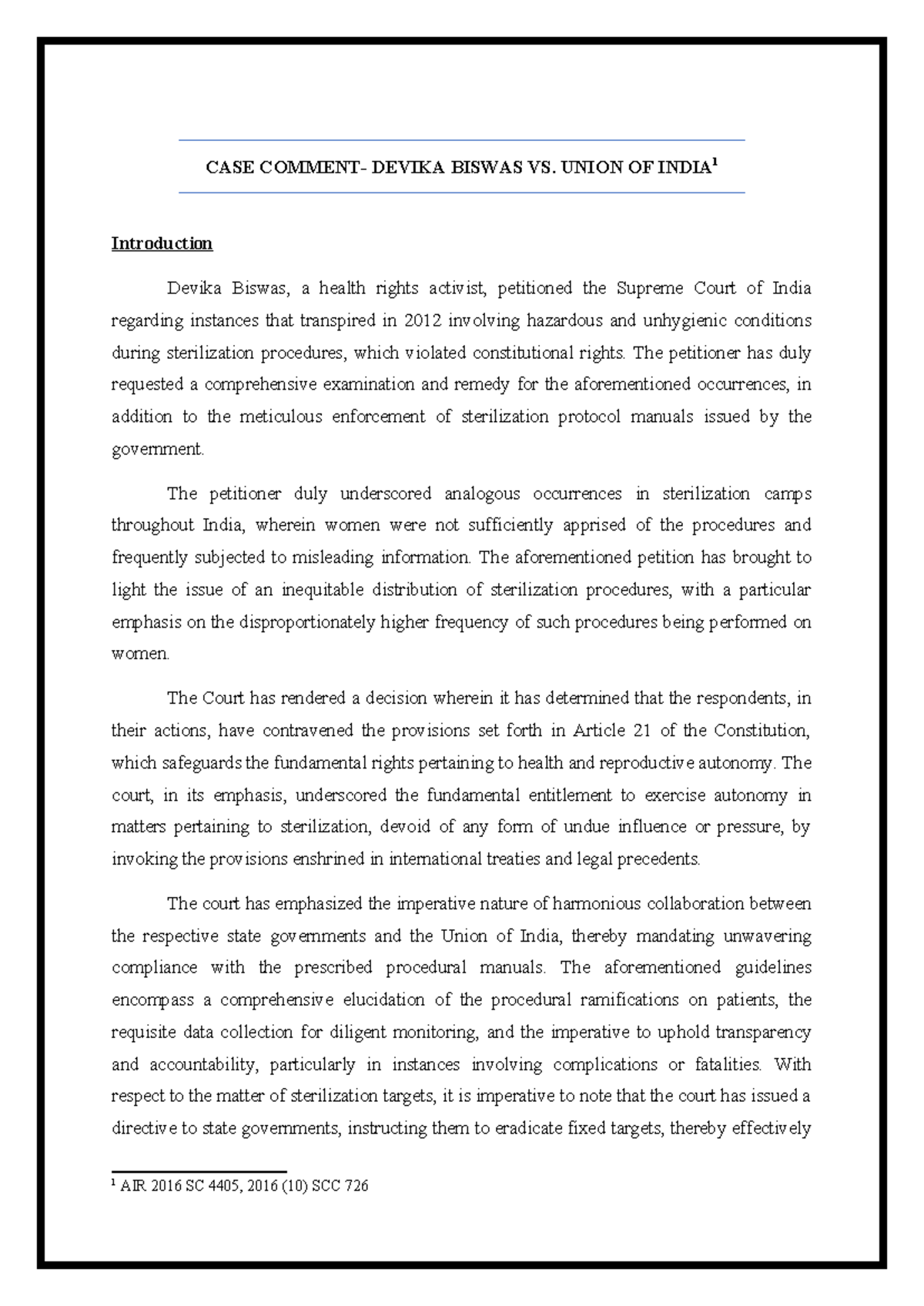 2001 1289 Ish Chawla Case comment Devika Biswas - CASE COMMENT- DEVIKA BISWAS VS. UNION OF INDIA ...