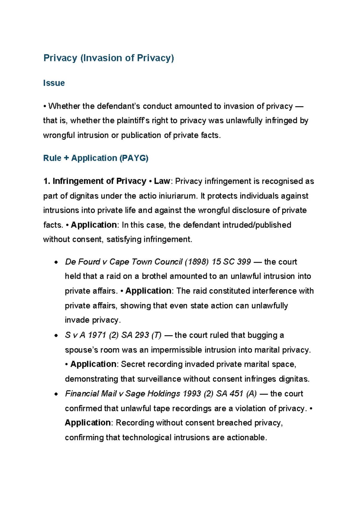 Privacy Law (PAYG): Elements of Delict and Invasion of Privacy - Studocu
