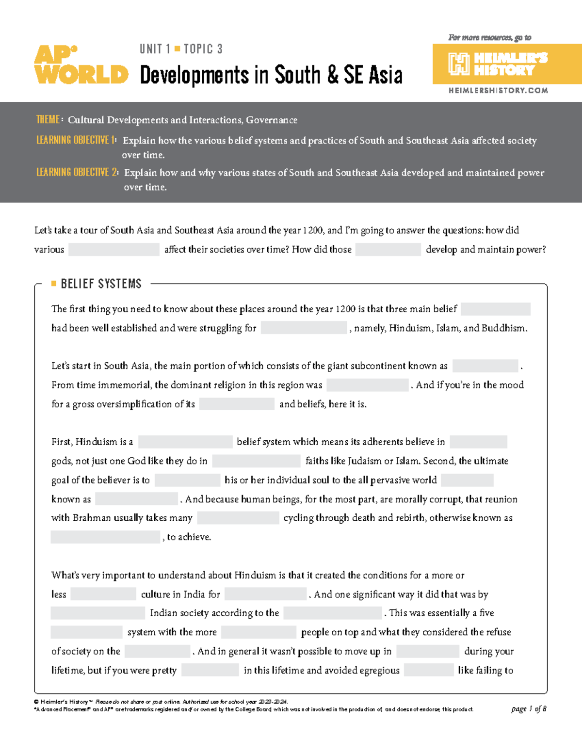 AP World History Unit 1 Topic 3: South & SE Asia Developments Noteguide ...