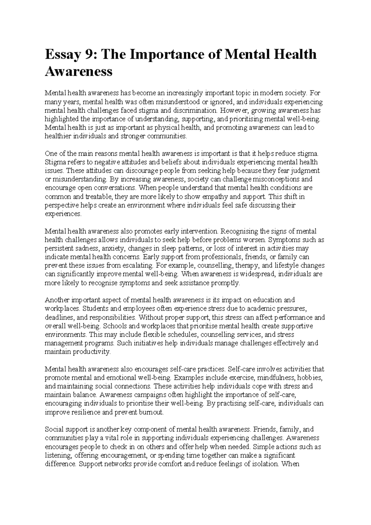 Essay 9: The Significance of Mental Health Awareness - Studocu