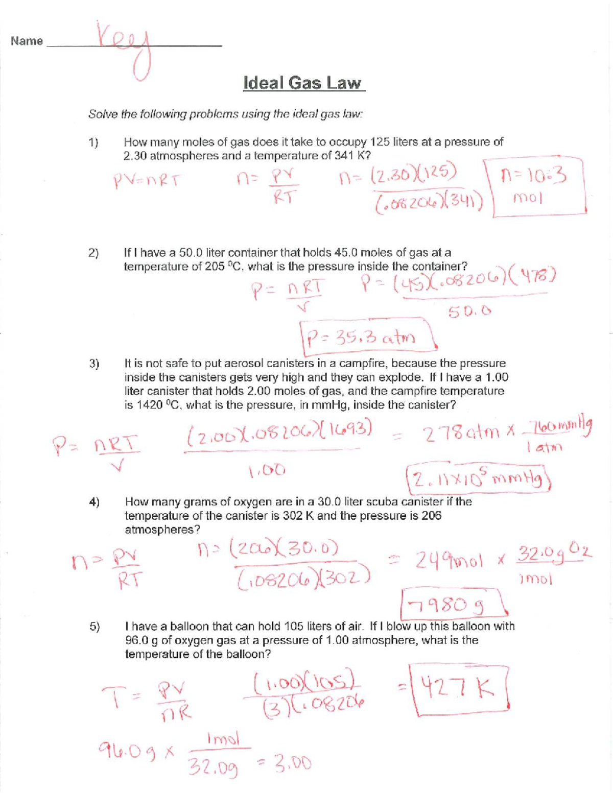 Ideal Gas Law Problems & Solutions - Key (Chem 101) - Studocu