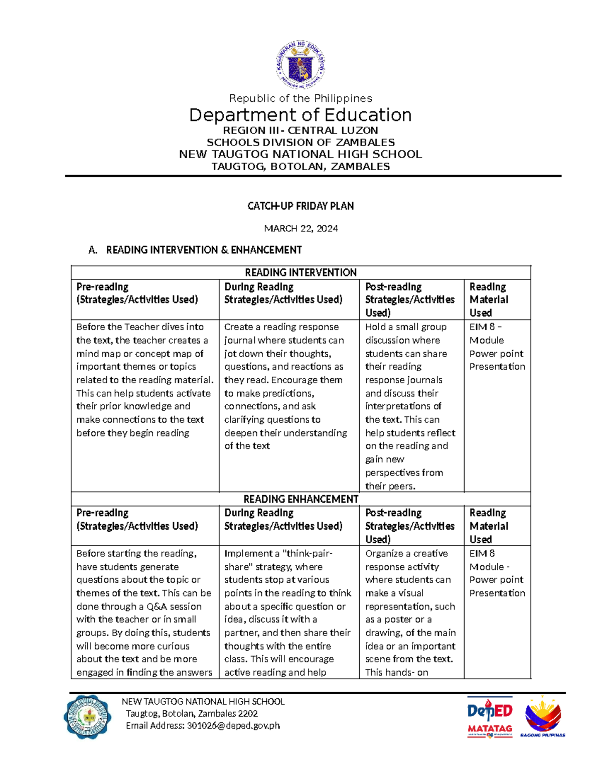 Catch-Up Friday Activities Plan - EIM 8 Module Insights - Studocu