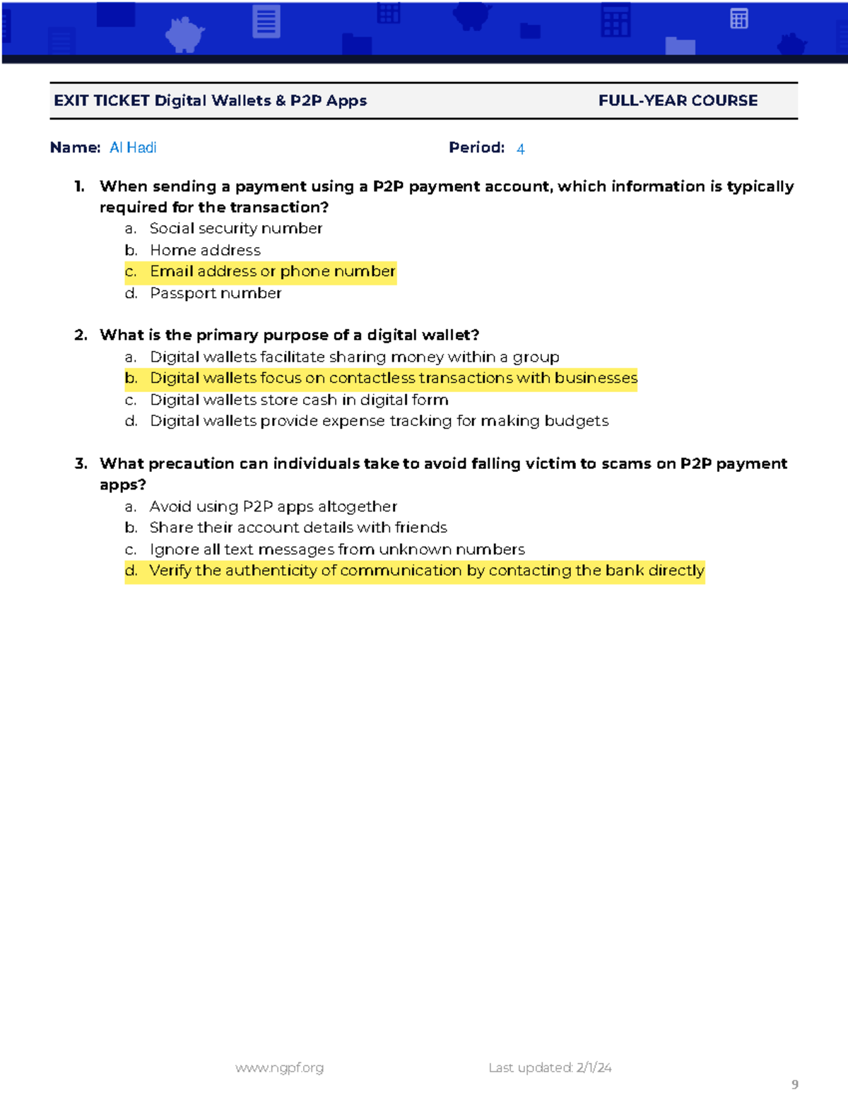 EXIT TICKET: Understanding Digital Wallets & P2P Payments (FIN 2) - Studocu
