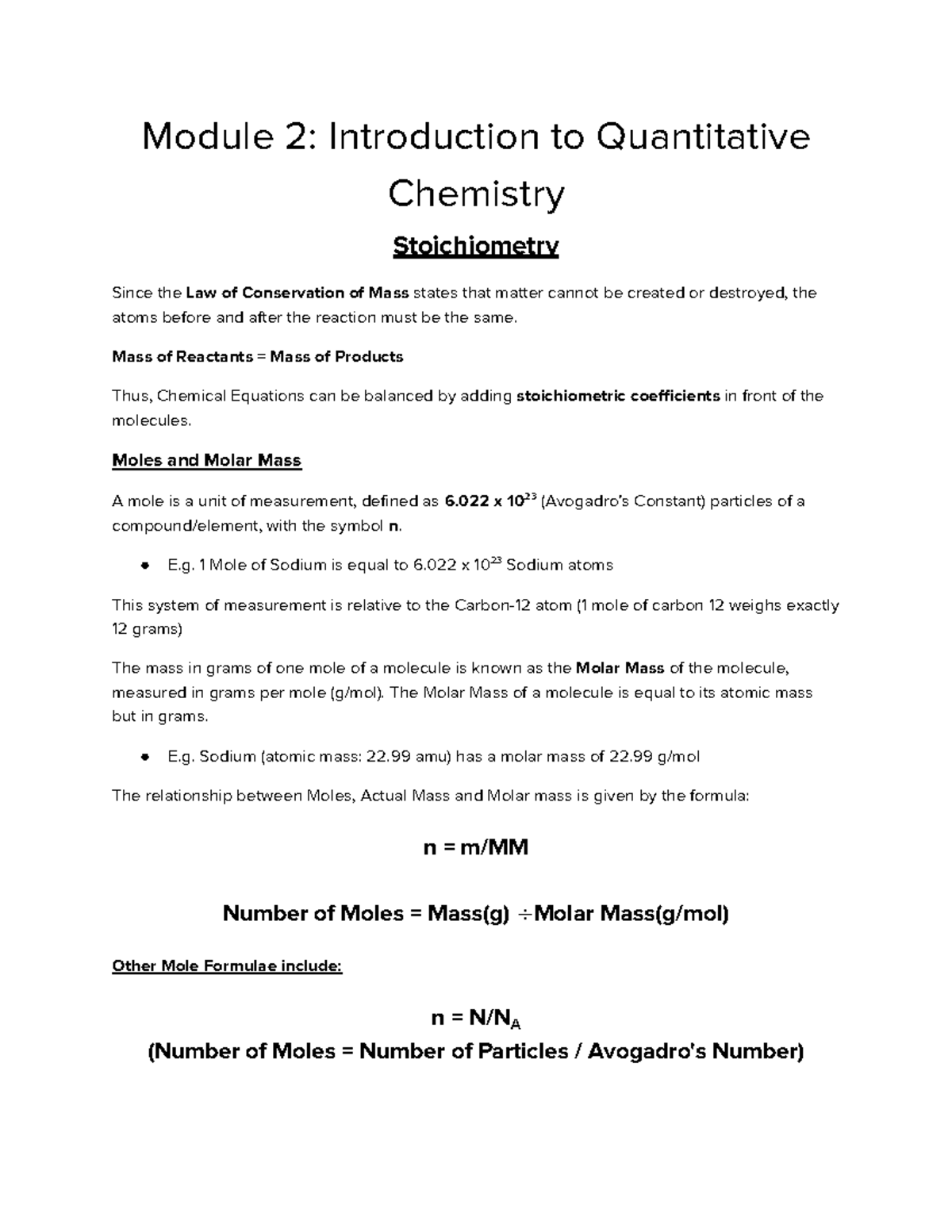 Chemistry Module 2: Intro to Quantitative Chemistry & Stoichiometry ...