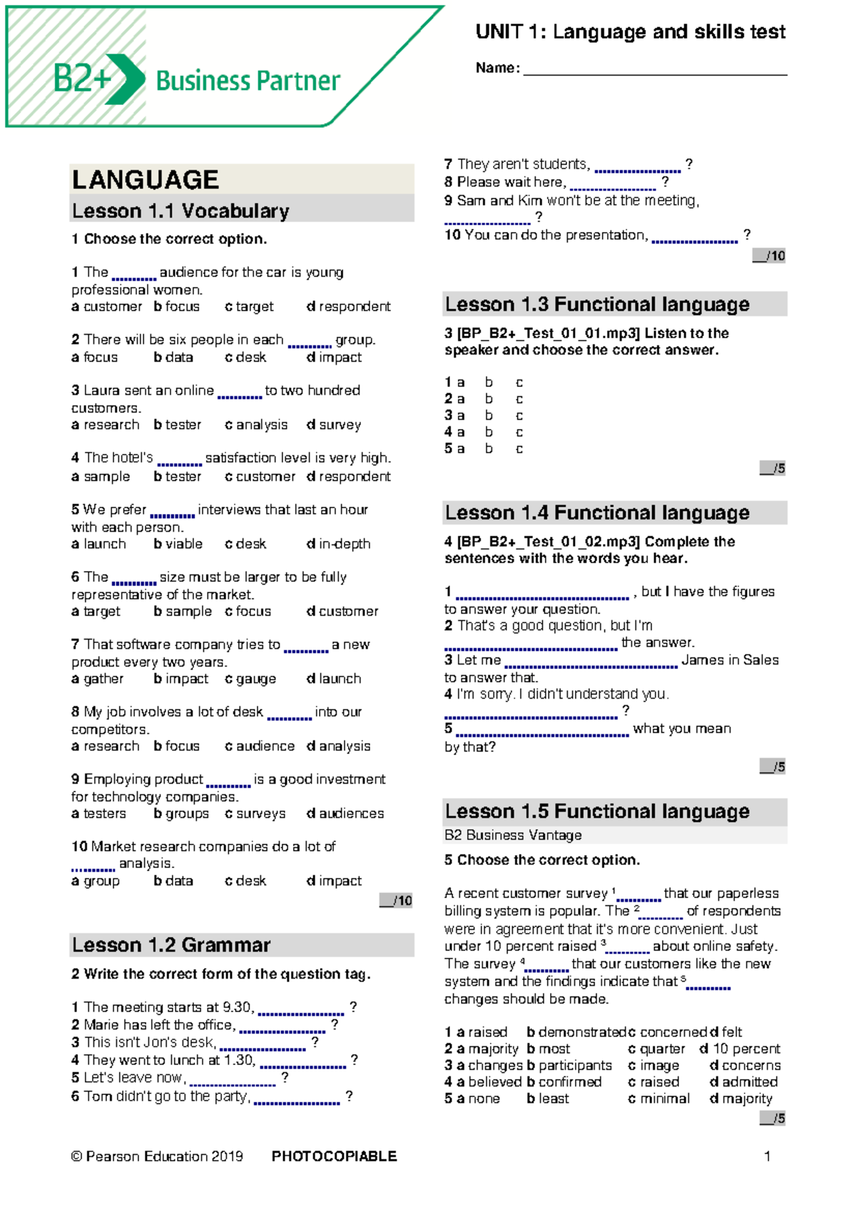 BP B2P Unit 1 Language and Skills Test Overview - Studocu