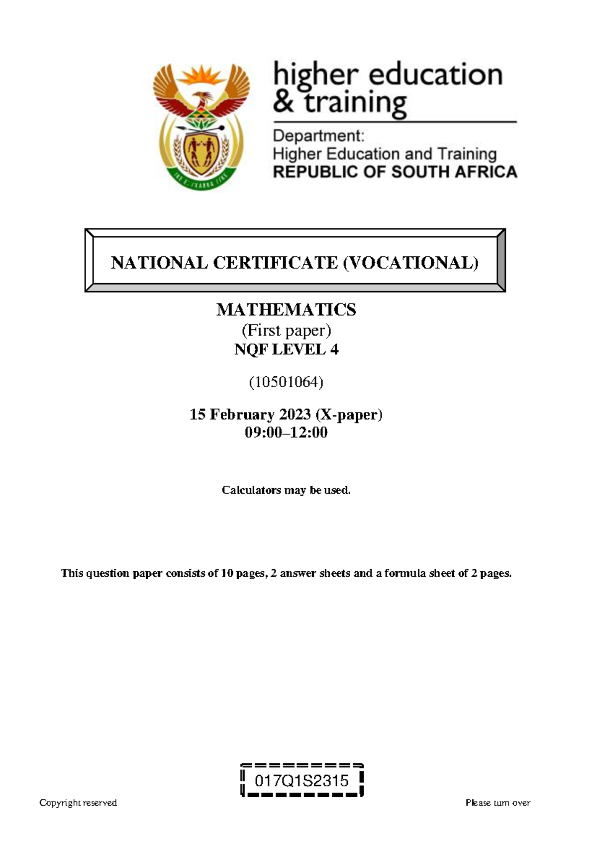NC2050 - Mathematics Level 4 First Paper Question Paper February 2023 ...