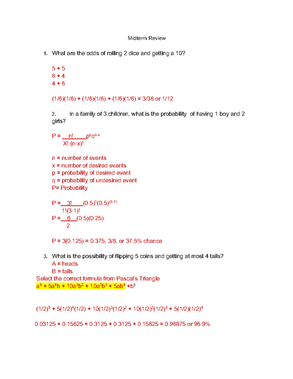 Midterm Review Key: Genetics & Probability Concepts - Studocu
