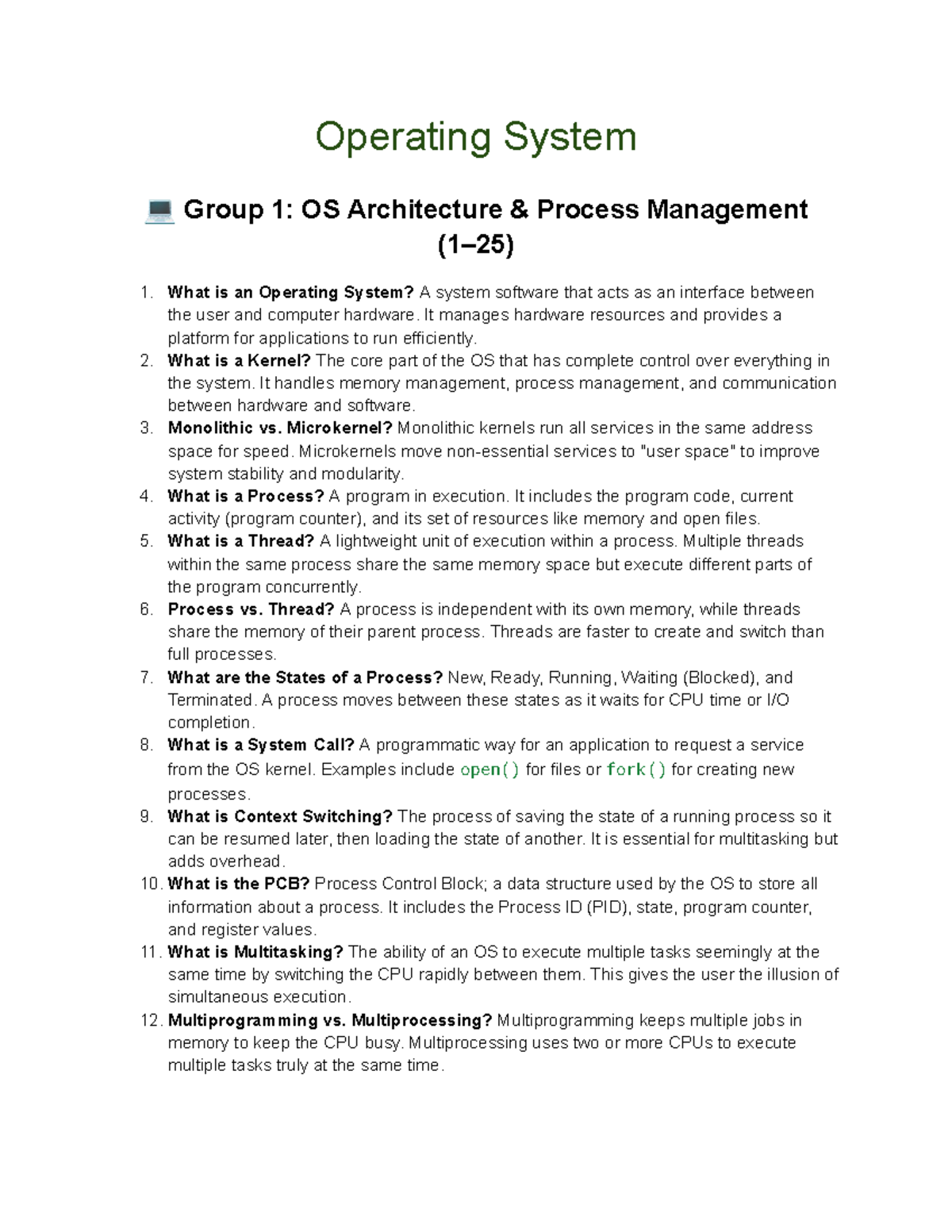 Operating System Overview: Architecture & Process Management - Studocu
