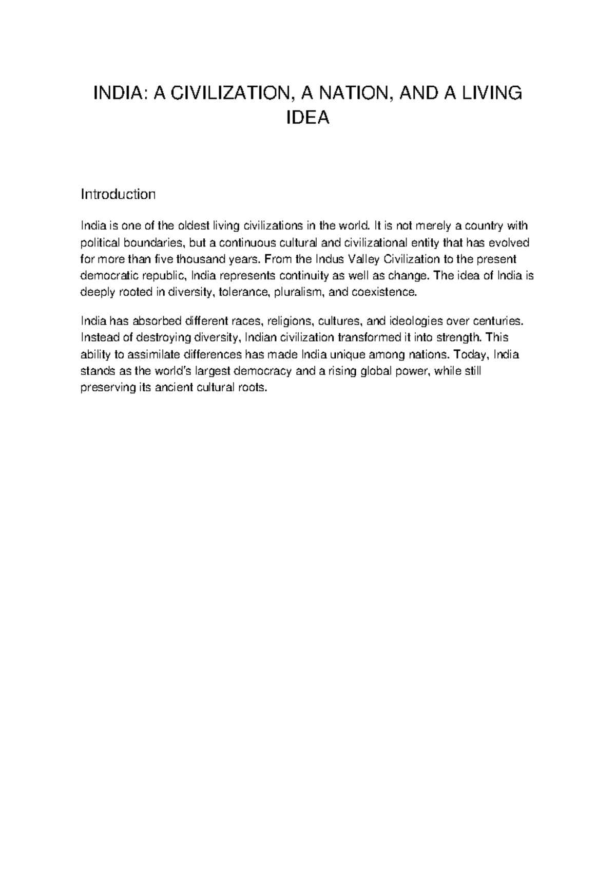 INDIA: A CIVILIZATION, NATION & LIVING IDEA - Essay Notes - Studocu