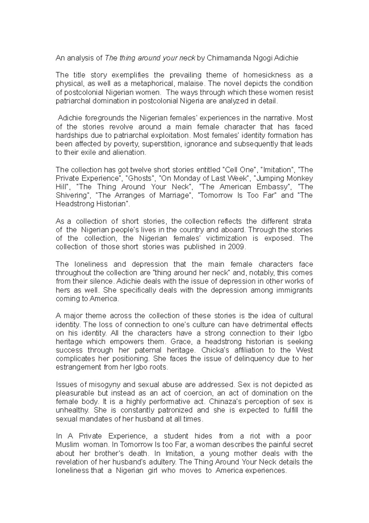 The thing around your neck notes - An analysis of The thing around your ...