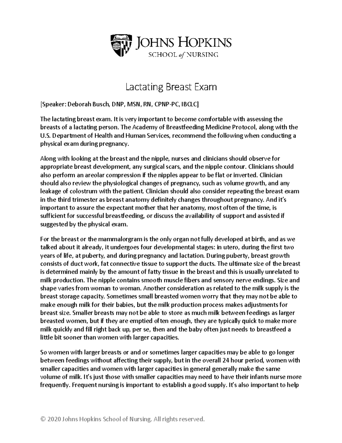 M01 Transcript 110.622 M1A Lactating Breast Exam - [Speaker: Deborah ...