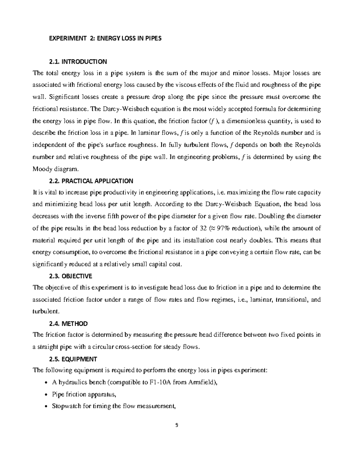 Fluid Mechanics Lab Manual: Energy Loss in Pipes Experiment - Studocu