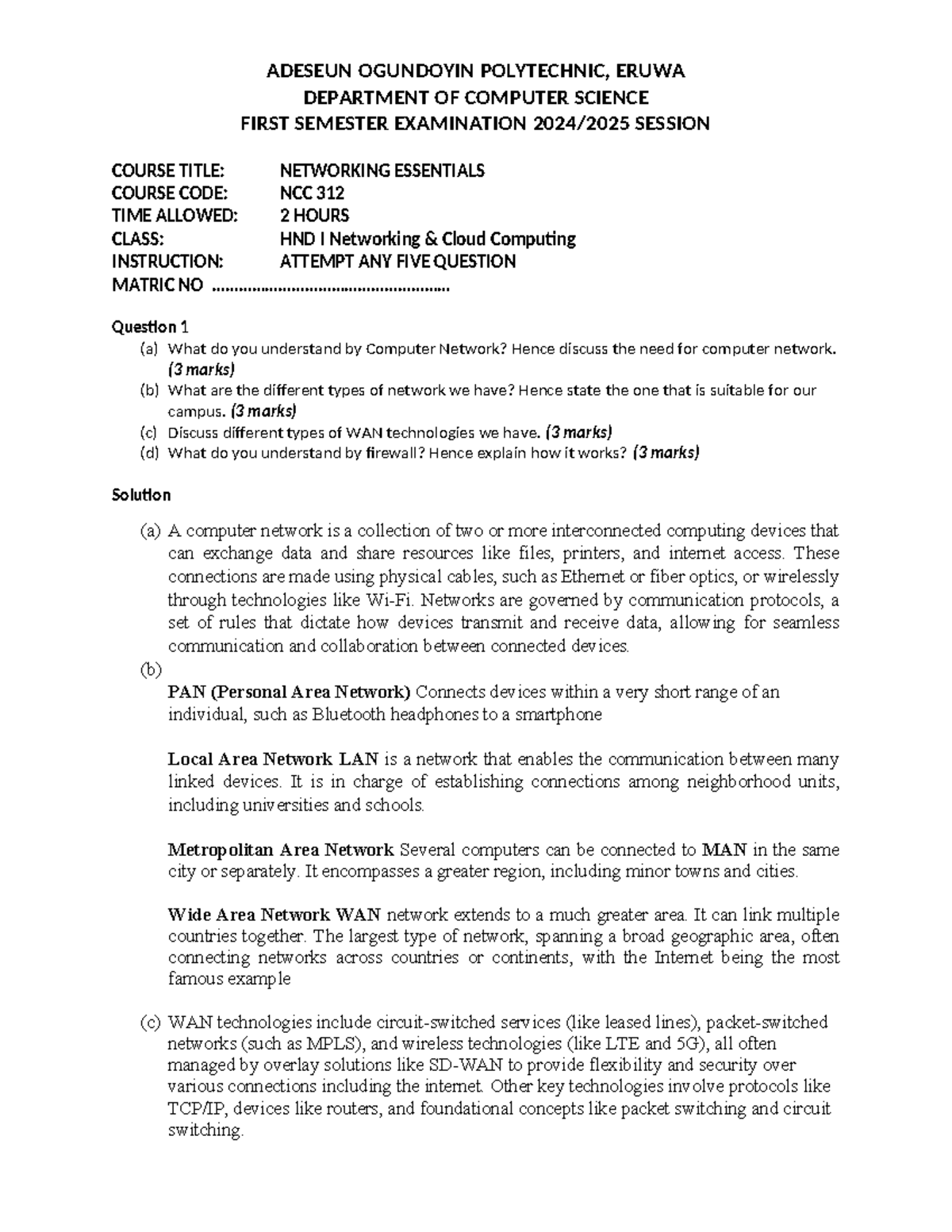 NCC 312 Networking Essentials Final Exam Questions and Solutions - Studocu