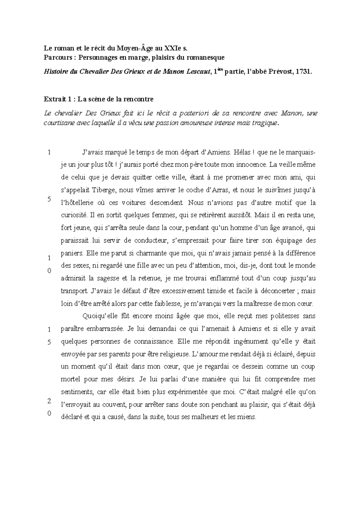 Le roman et le récit au XXIe s. - Scène de la rencontre (Prévost, 1731 ...