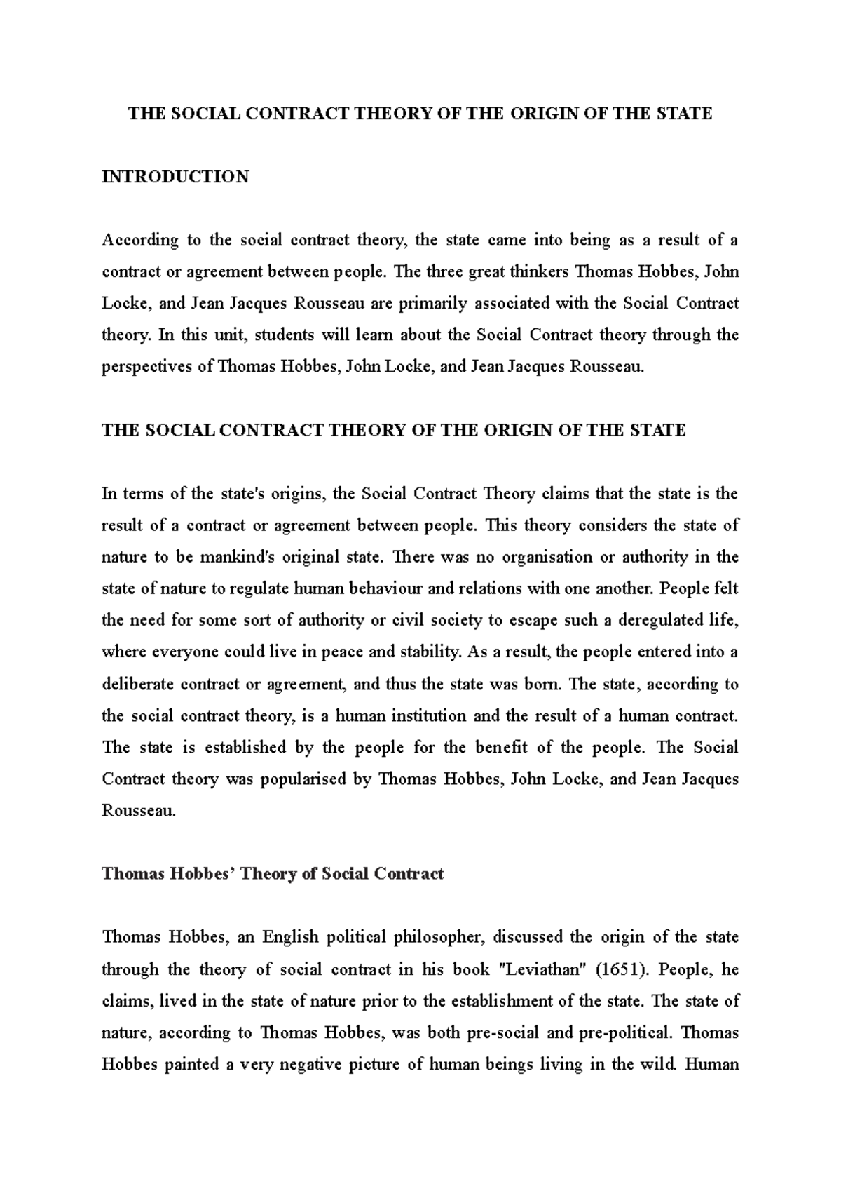 THE Social Contract Theory OF THE Origin OF THE State - THE SOCIAL ...